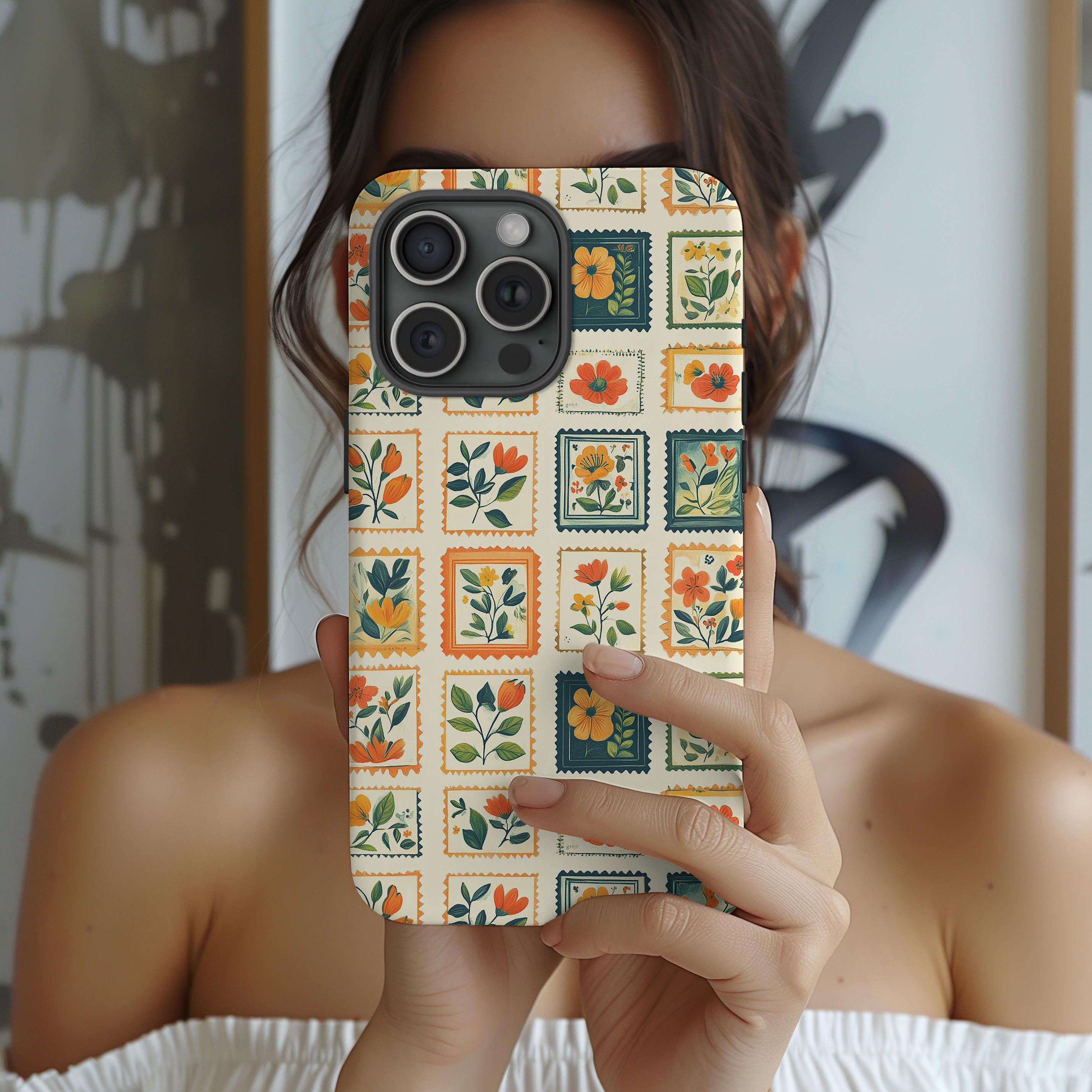 Floral Stamps Phone Case, Nature-inspired iPhone Cover, Vintage Design ...