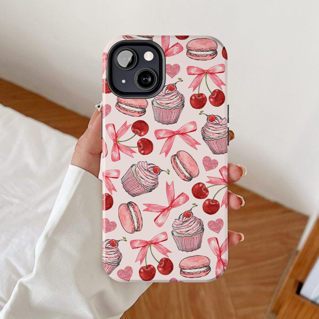 Coquette Phone Case, Sweet Cherry iPhone Cases, Fruit Themed Cover, Pink Ribbon Bow Design ...