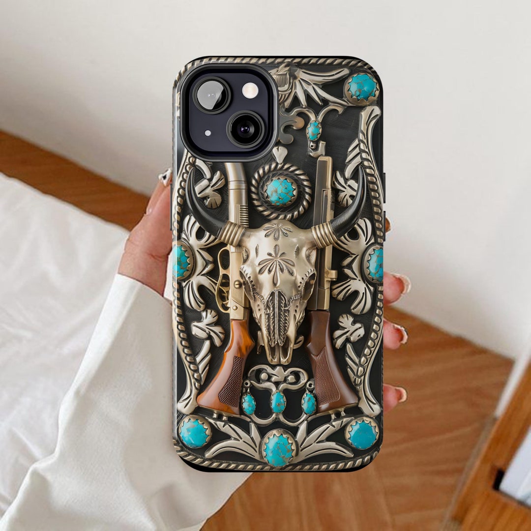 Western Phone Case, 3D Image of Silver Engraved Belt Buckle, Longhorn ...