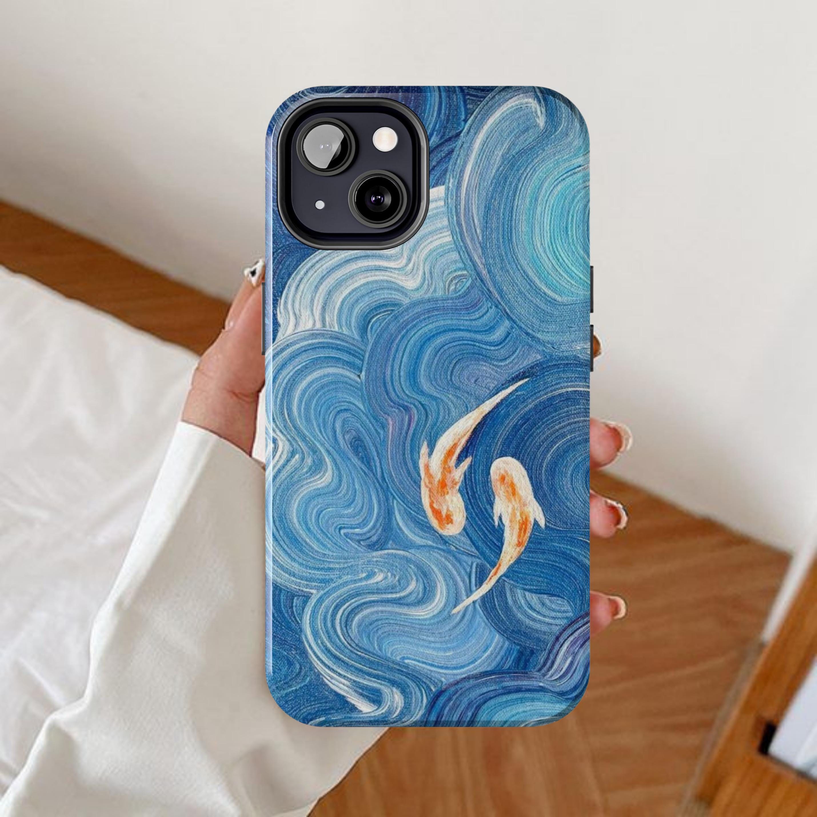 Koi Fish Pond Phone Case, Blue Swirls Wave iPhone Cover, Orange Fish ...