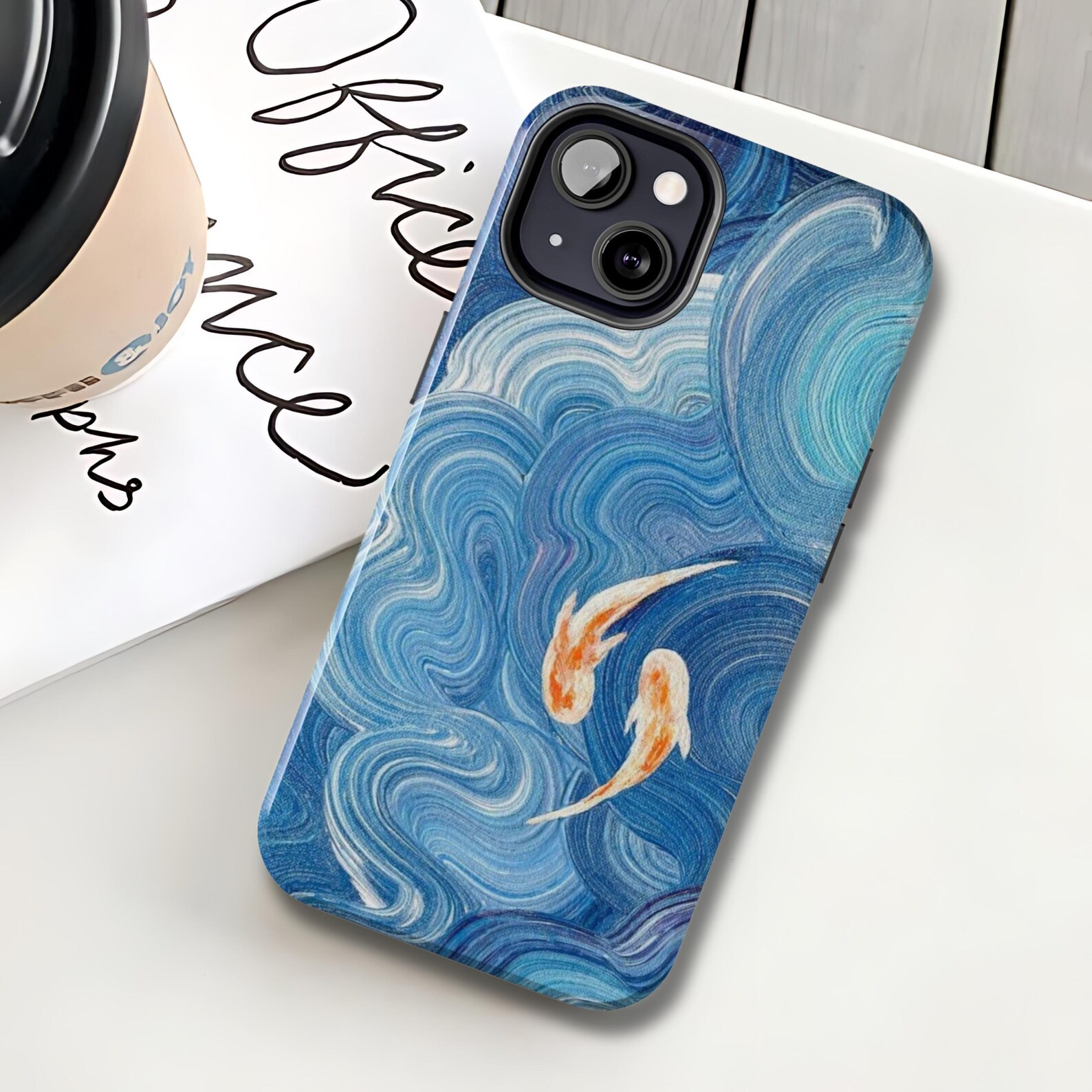 Koi Fish Pond Phone Case, Blue Swirls Wave iPhone Cover, Orange Fish ...