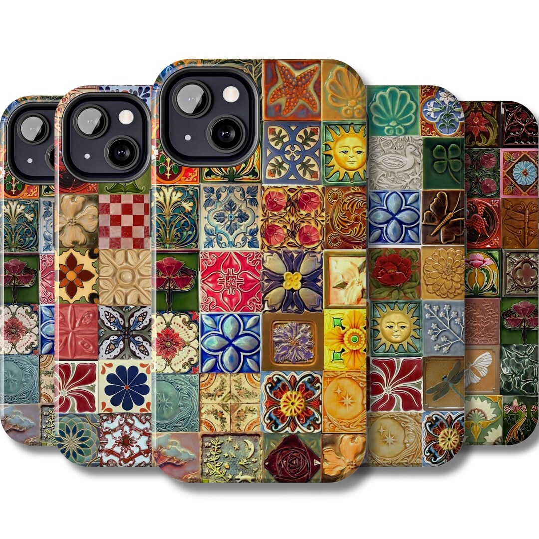 Funky Tile Print Phone Case, Azulejo Block Design iPhone Cover, Ceramic ...