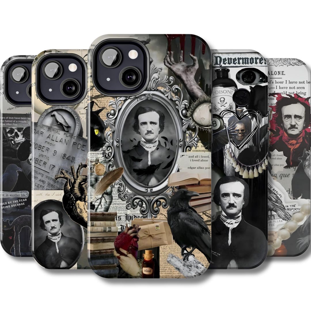 Edgar Allan Poe Phone Case, Dark Gothic Art iPhone Cover, Spooky Skull ...