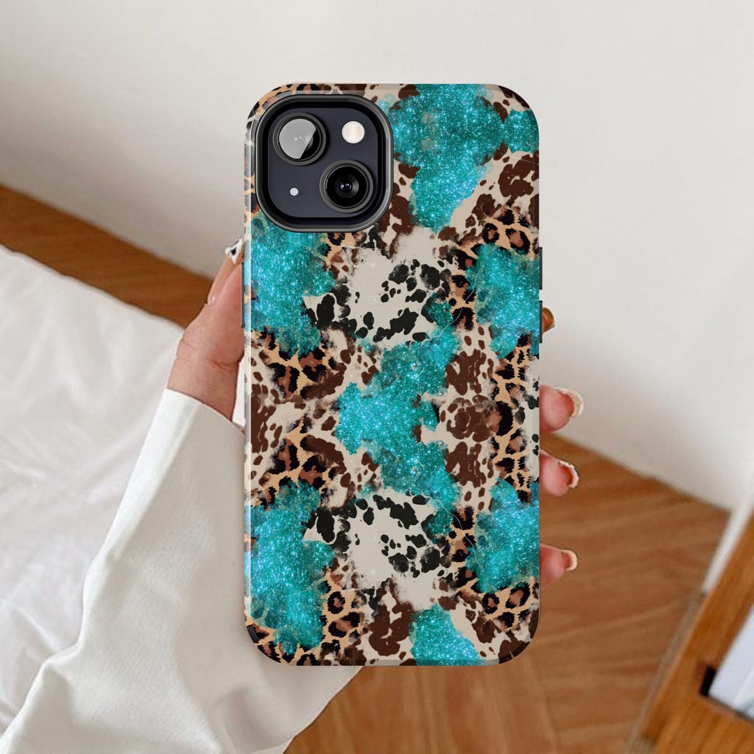 Cowhide Leopard Turquoise Phone Case, Western iPhone Cases, Wild West ...
