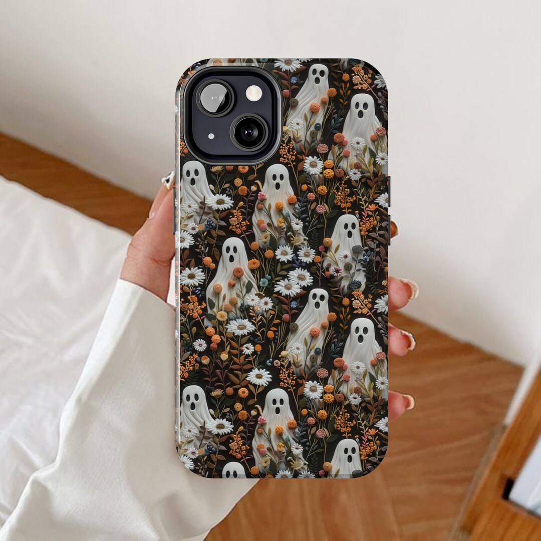 Spooky Ghost Phone Case, 3D Clay Embroidered Effect, Halloween Flower ...
