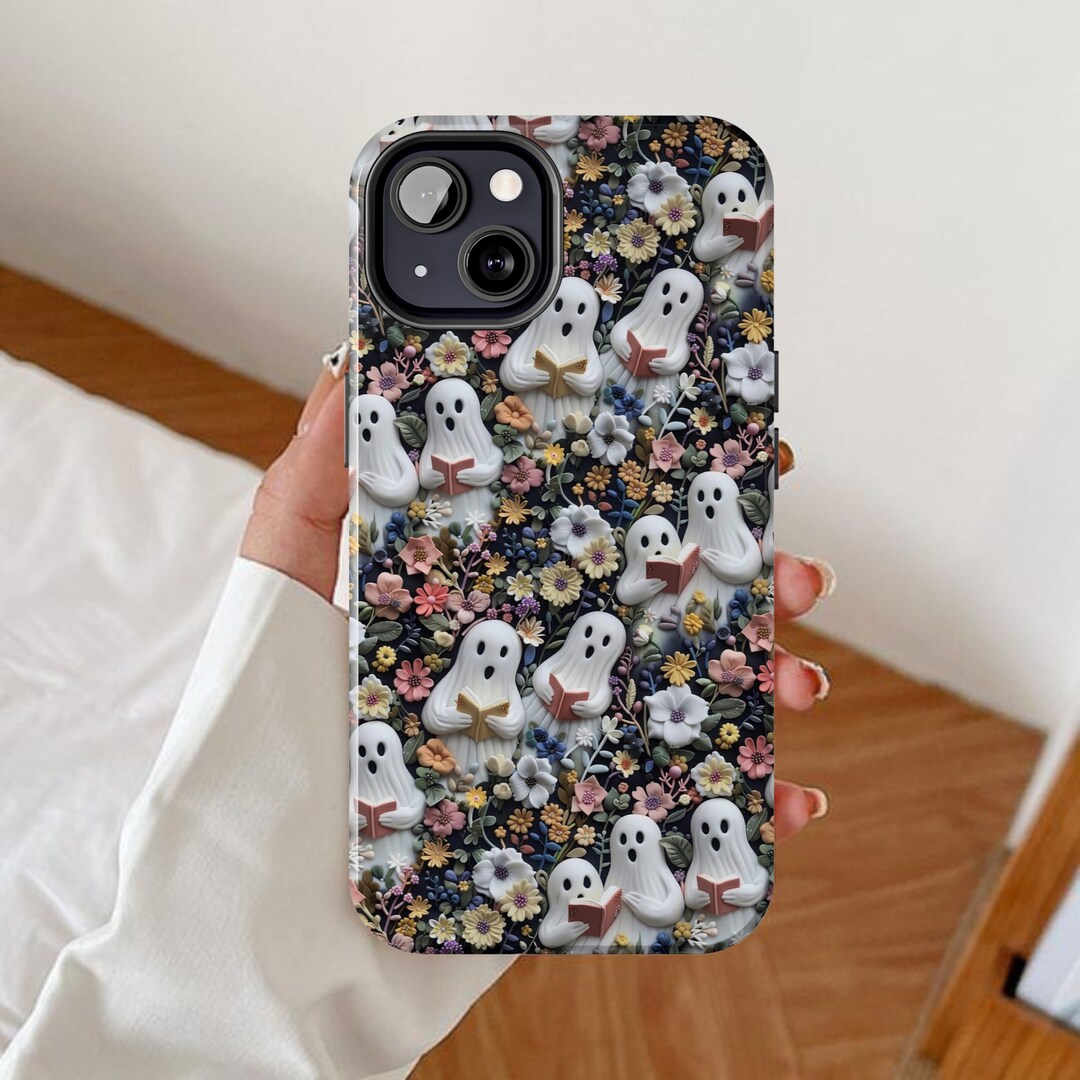 Bookish Ghost Phone Case, 3D Clay Effect, Floral Booklover Aesthetic ...