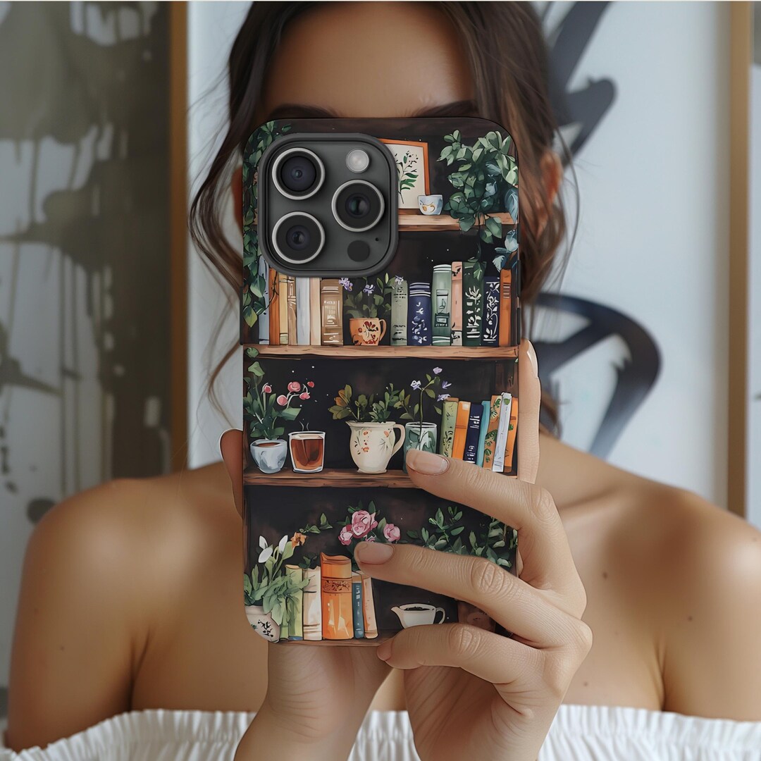 Bookcase Phone Case, Book Shelf Design iPhone Cover, Greenery Decor ...