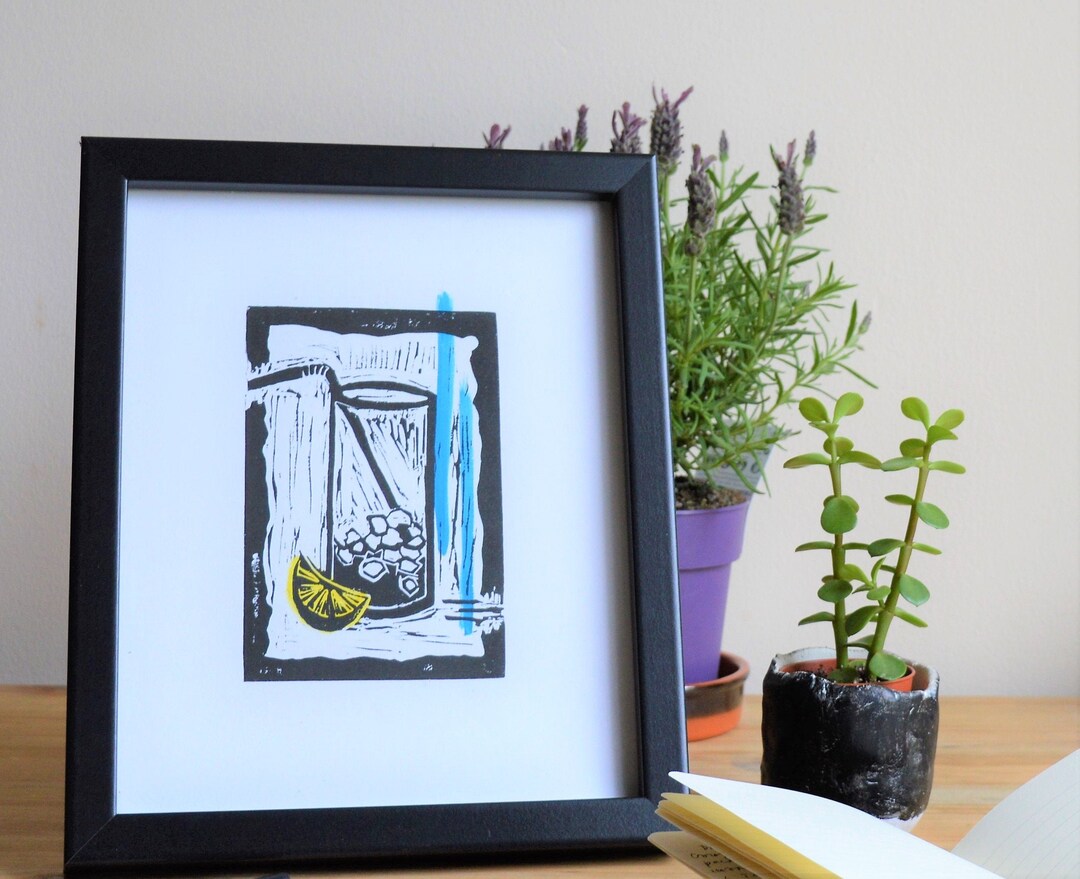 Handprinted Linoprint Cocktail Drink Linocut Wall Art Handmade Print ...