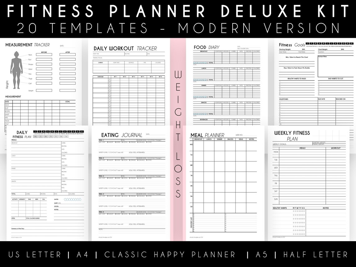 Professional Fitness Planner Bundle, Weight Loss Tracker Printable ...
