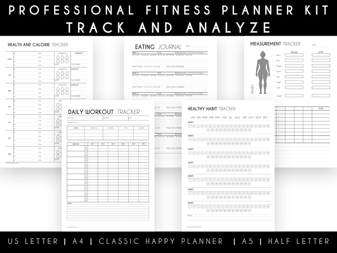 Professional Fitness Planner Bundle, Weight Loss Tracker Printable ...
