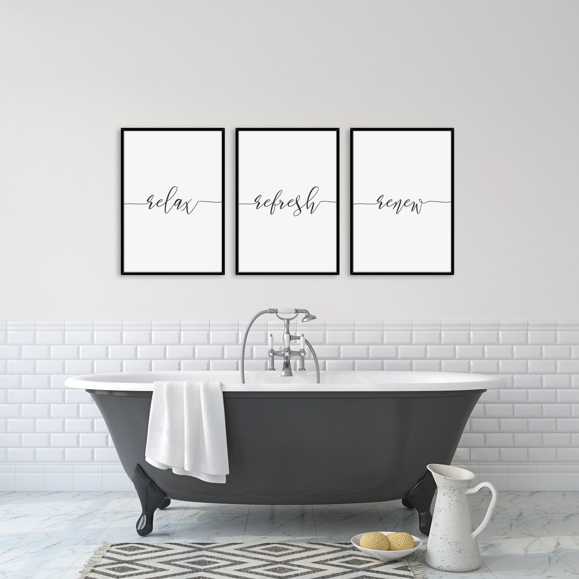 Relax | Refresh | Renew, Toilet Sign, Set of 3 Photos, Modern Print ...