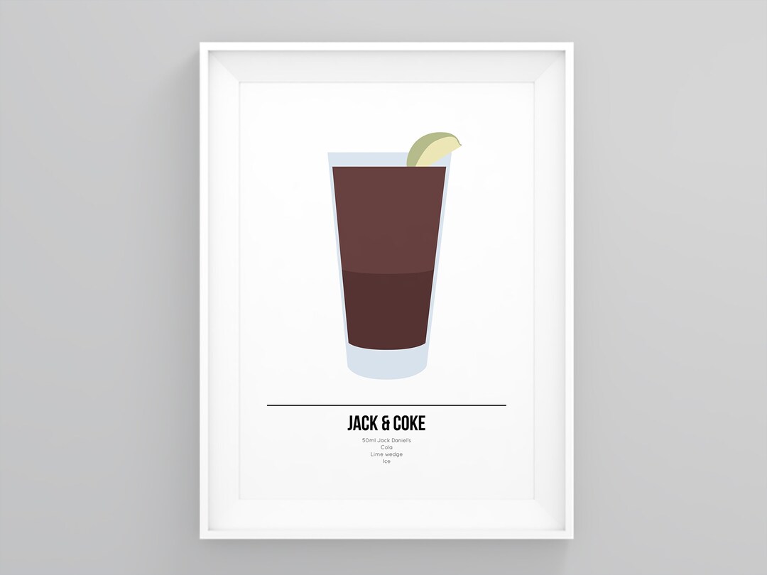 Jack and Coke Print, Jack Drinker Gift, Cocktail Recipe Art, Kitchen ...