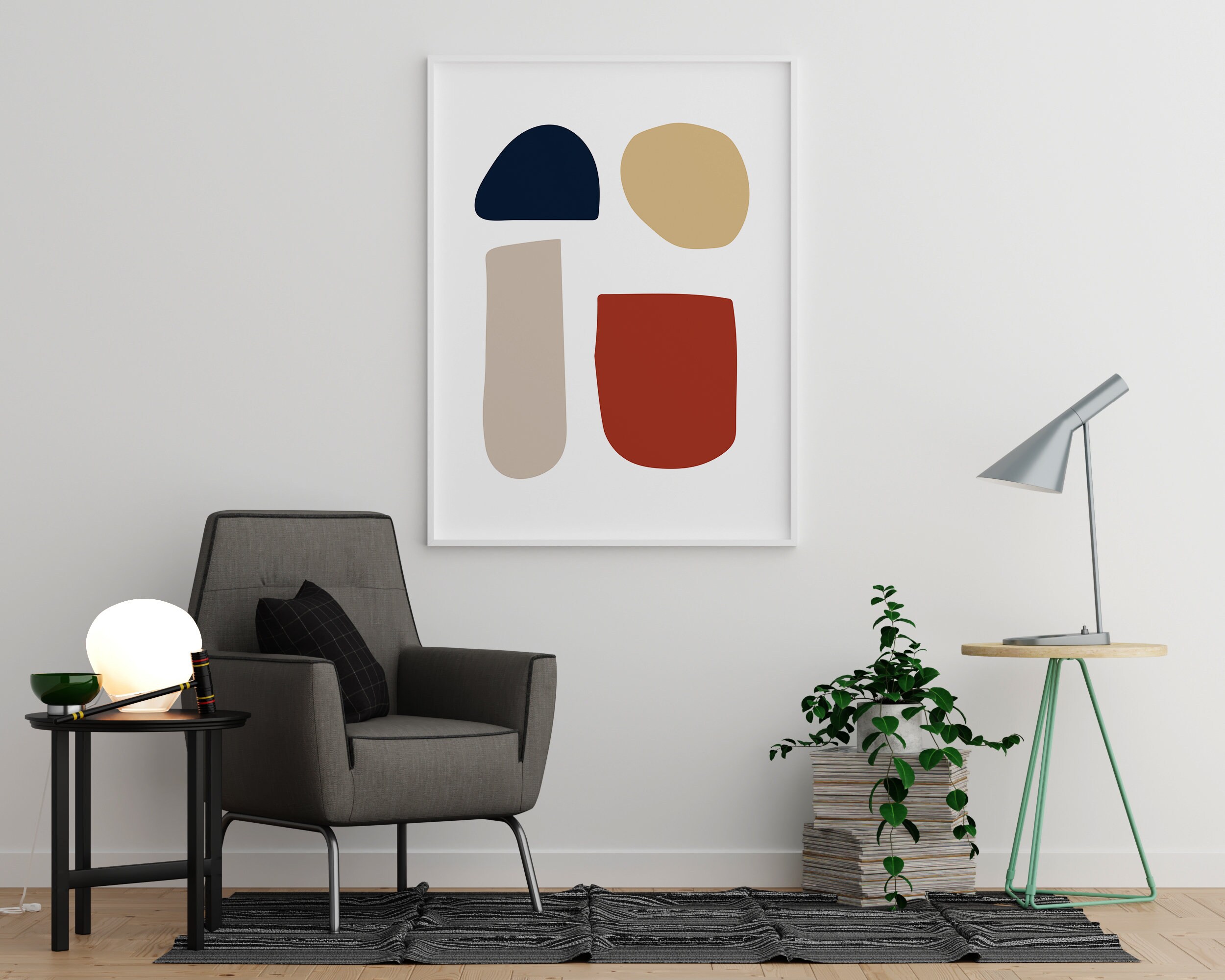 Irregular Shapes With Blue Half Circle, Pattern Wall Art, Mid Century ...