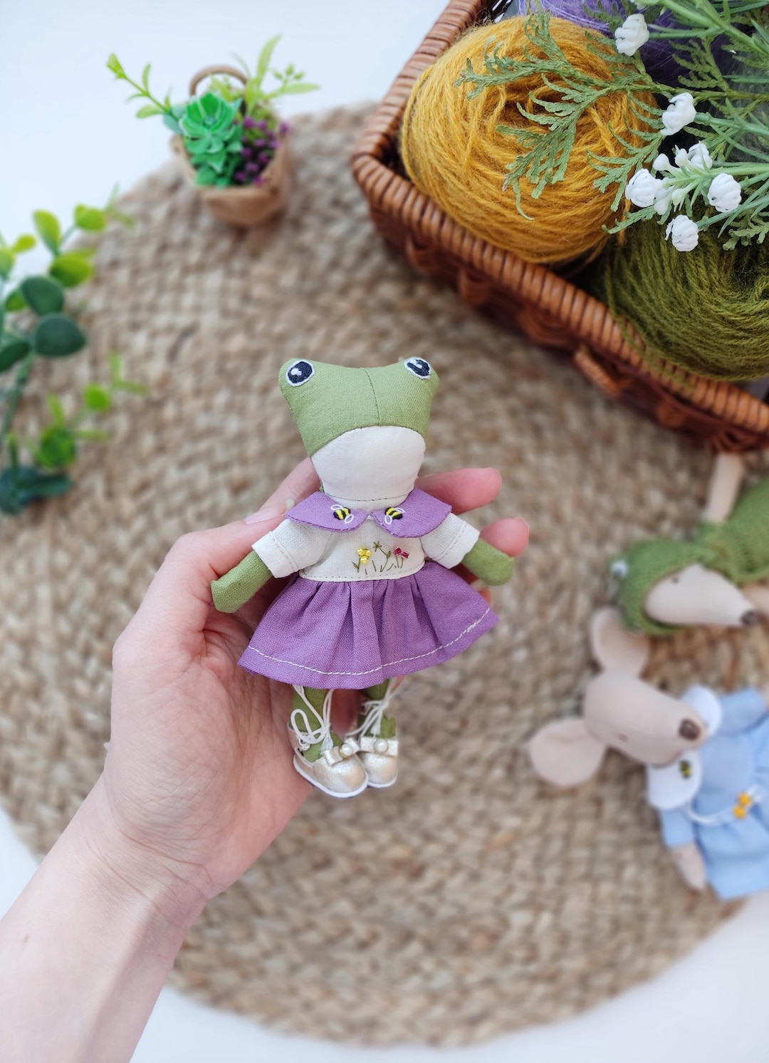 Cousin Ribbit Frog in Purple Floral Dress for Doll House Miniatures ...