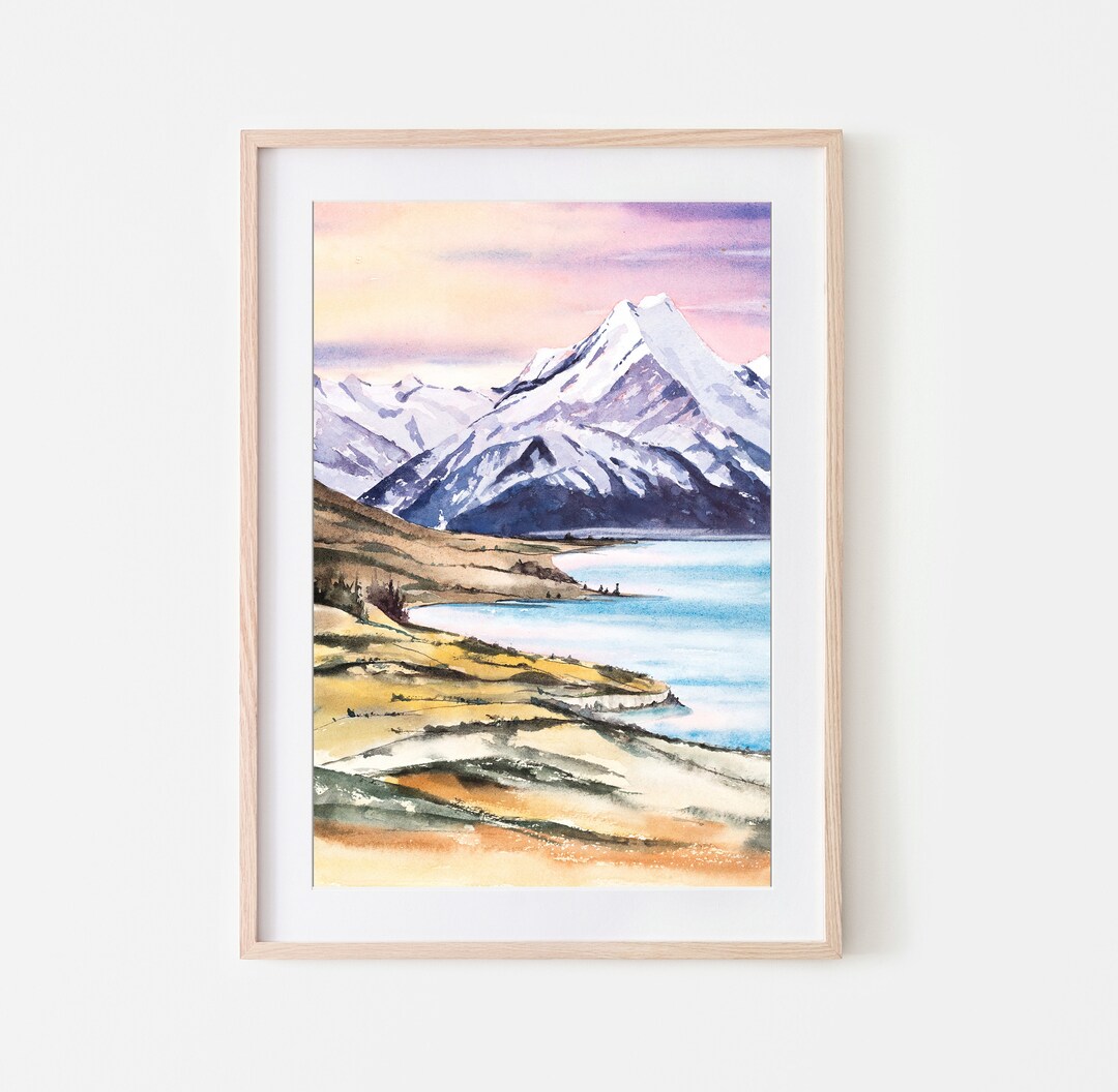 New Zealand Art Print, Abstract Mt Cook Mountain and Lake Pukaki Sunset ...