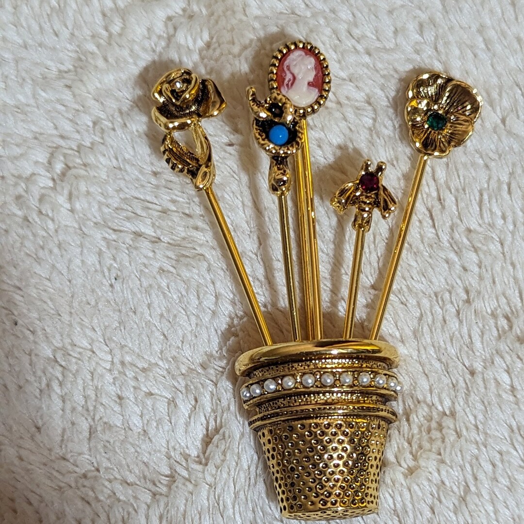Large Brass Lapel Brooch Pin Upside Down Thimble Charms Circa 1980's 2. ...