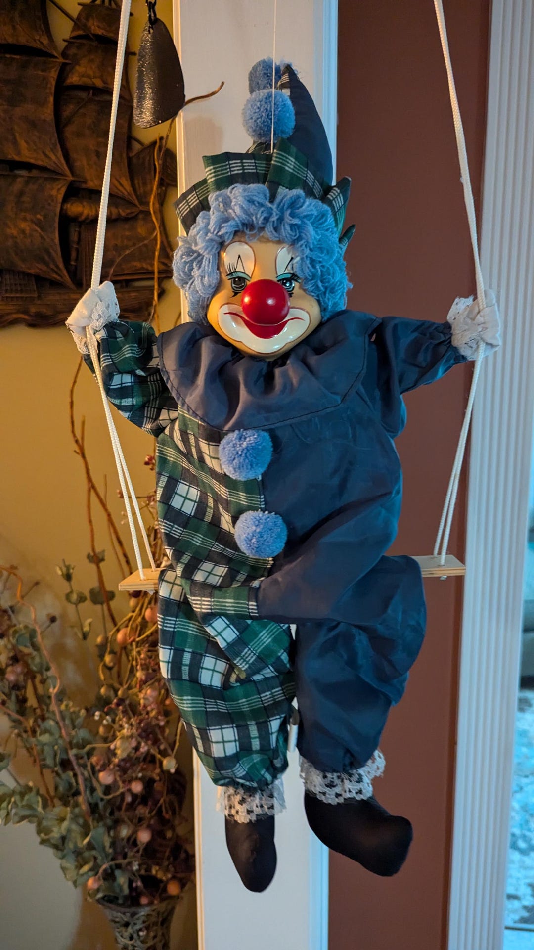 Vintage Bisque Porcelain Clown Doll Hand Painted Puppet on a Swing 22 X ...