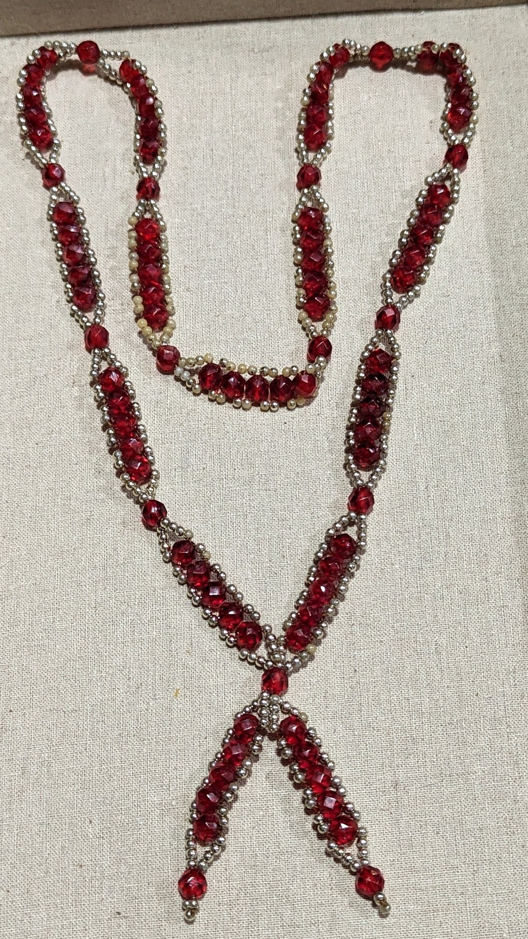 Vintage Art Deco Flapper Faux Beaded Necklace Red and Silver Plastic ...