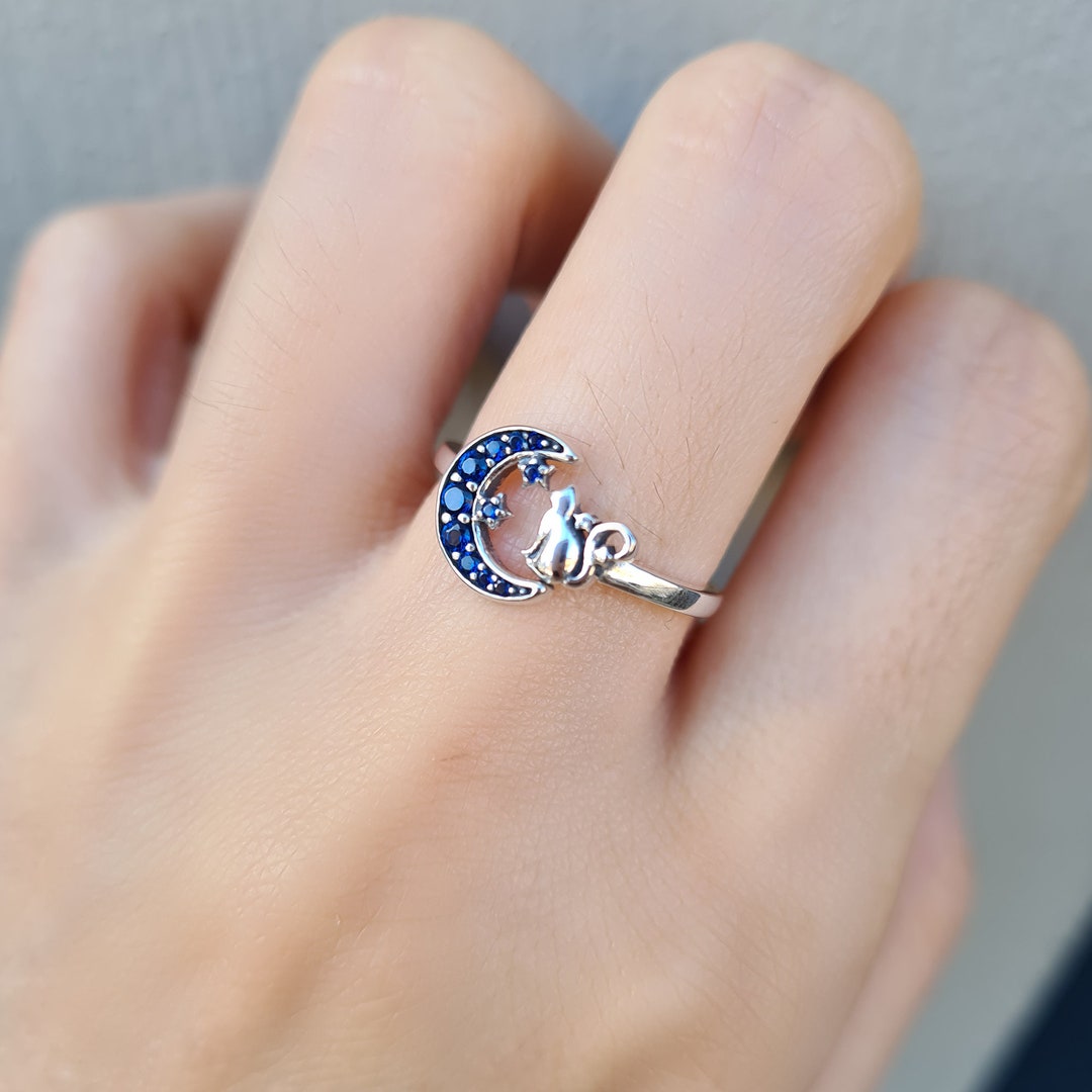 Sterling Silver Cat on Blue Crescent Moon in Blue Night Sky Ring ...