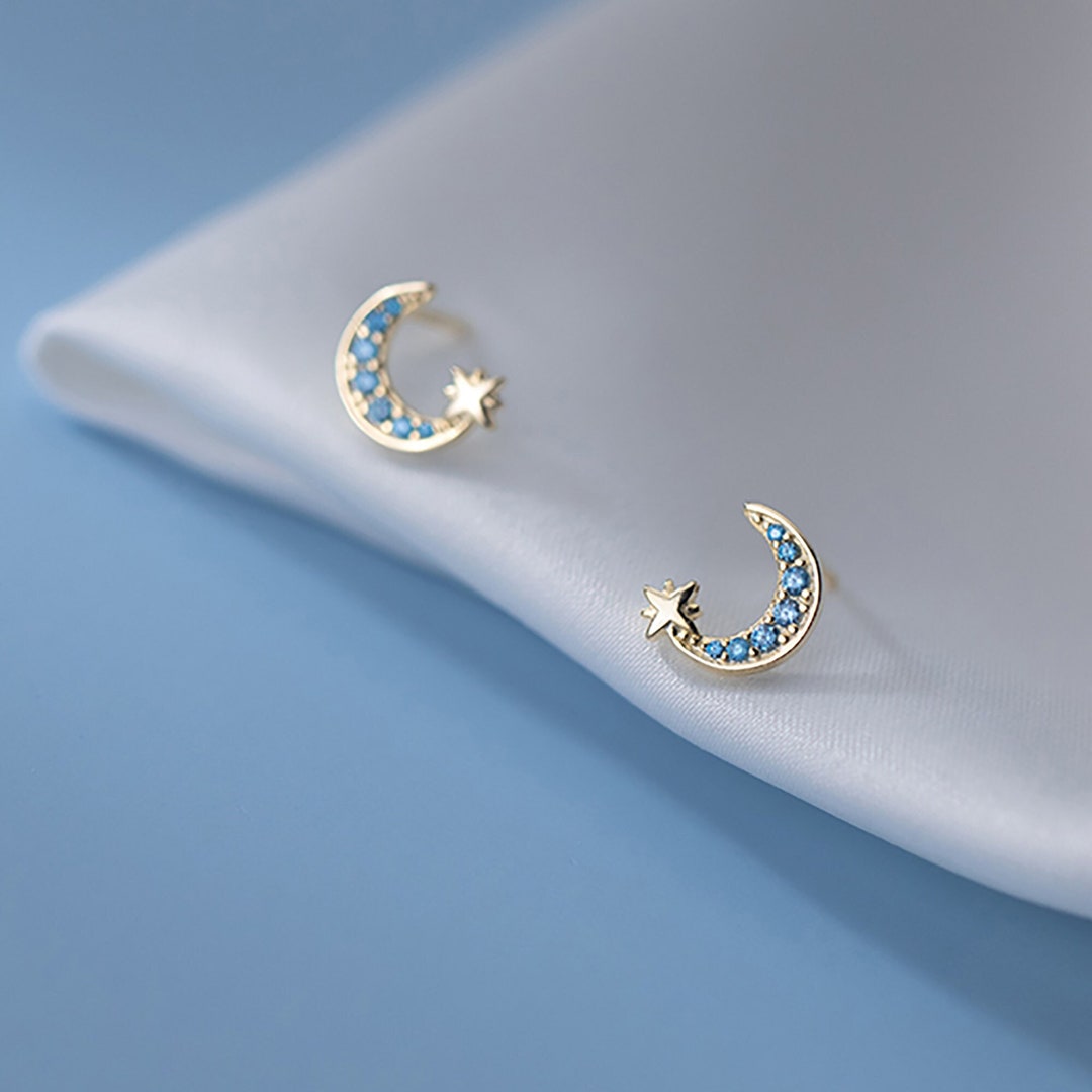 Sterling Silver Gold Plated Crescent Moon Star Stud Earrings - Etsy