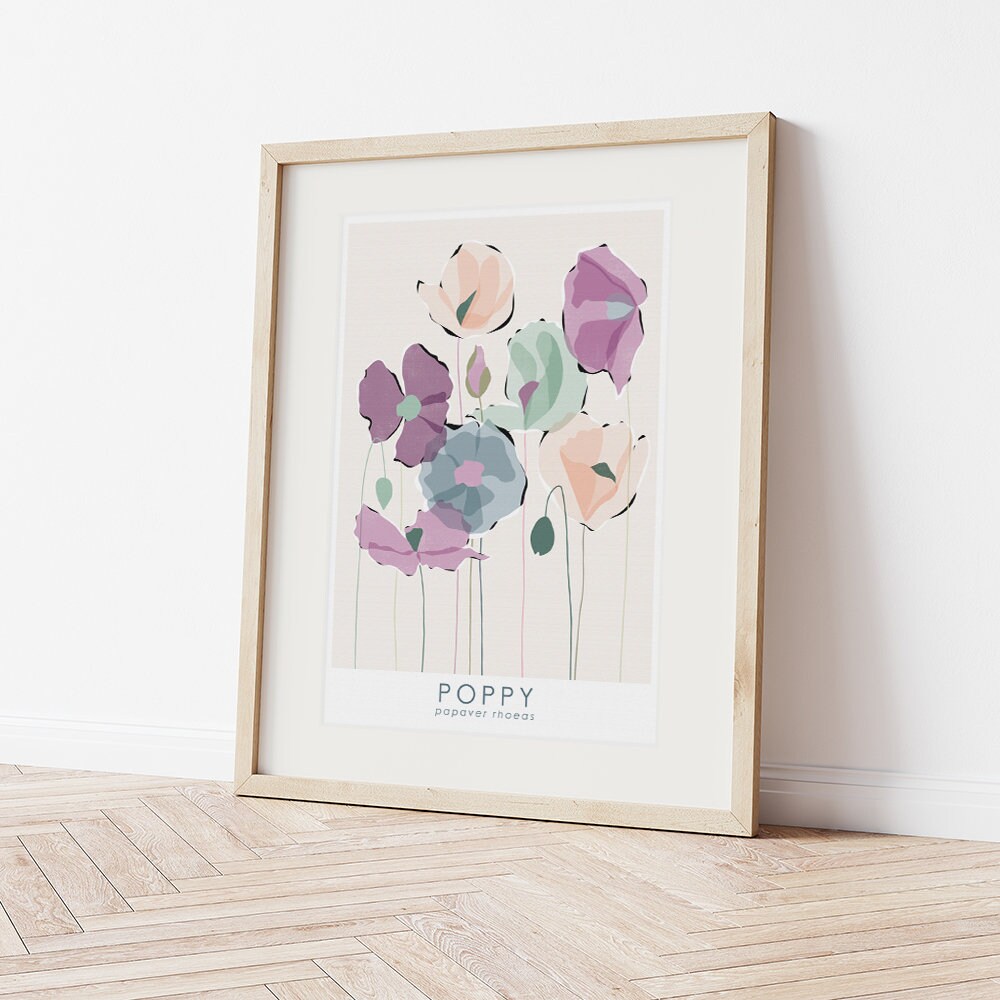 Poppy Wall Art Print A4 A3 | Lilac, Purple and Green Abstract Floral ...