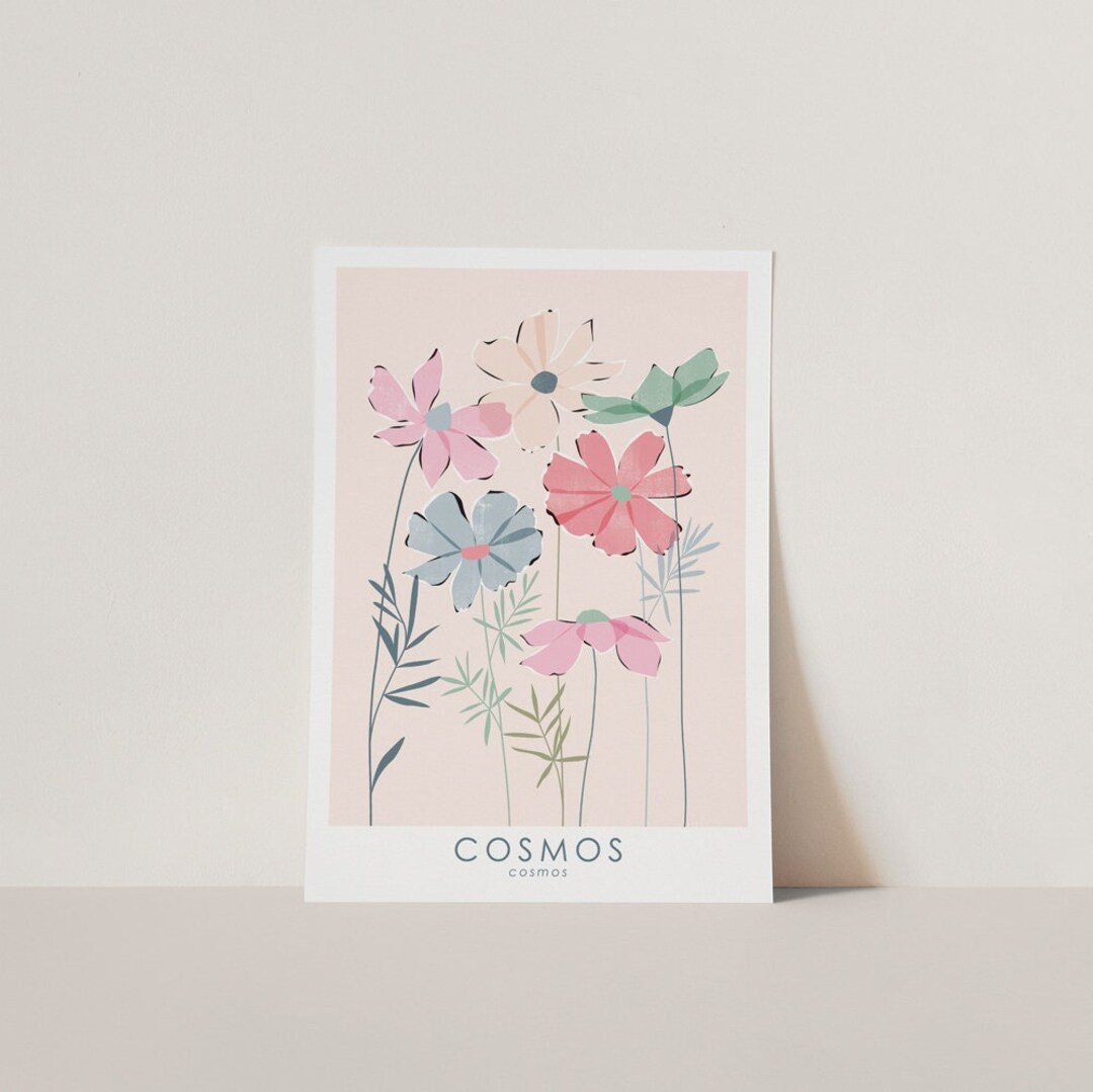 Cosmos Wall Art Print A4 A3 | Pink and Blue Abstract Floral Wildflower ...