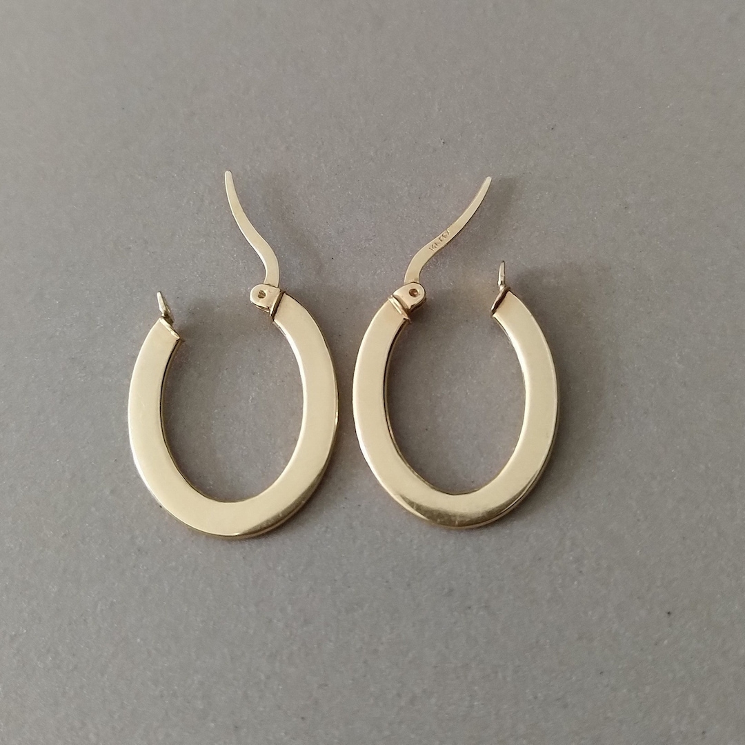 Vintage 14K Solid Yellow Gold Oval Hoop Earrings Solid Gold Oval Flat Hoops - Etsy