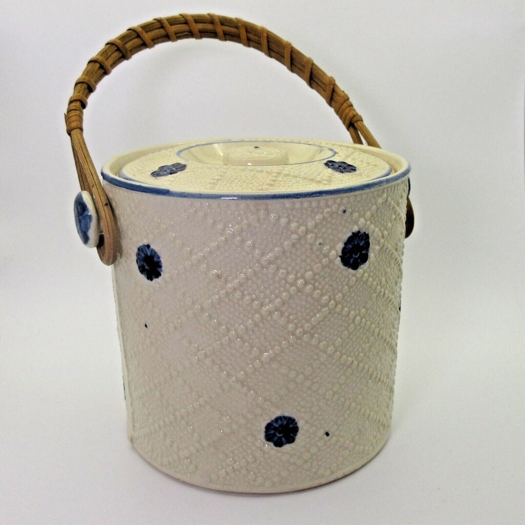 Vintage Ceramic Biscuit Jar Hand Painted Blue White Lattice - Etsy