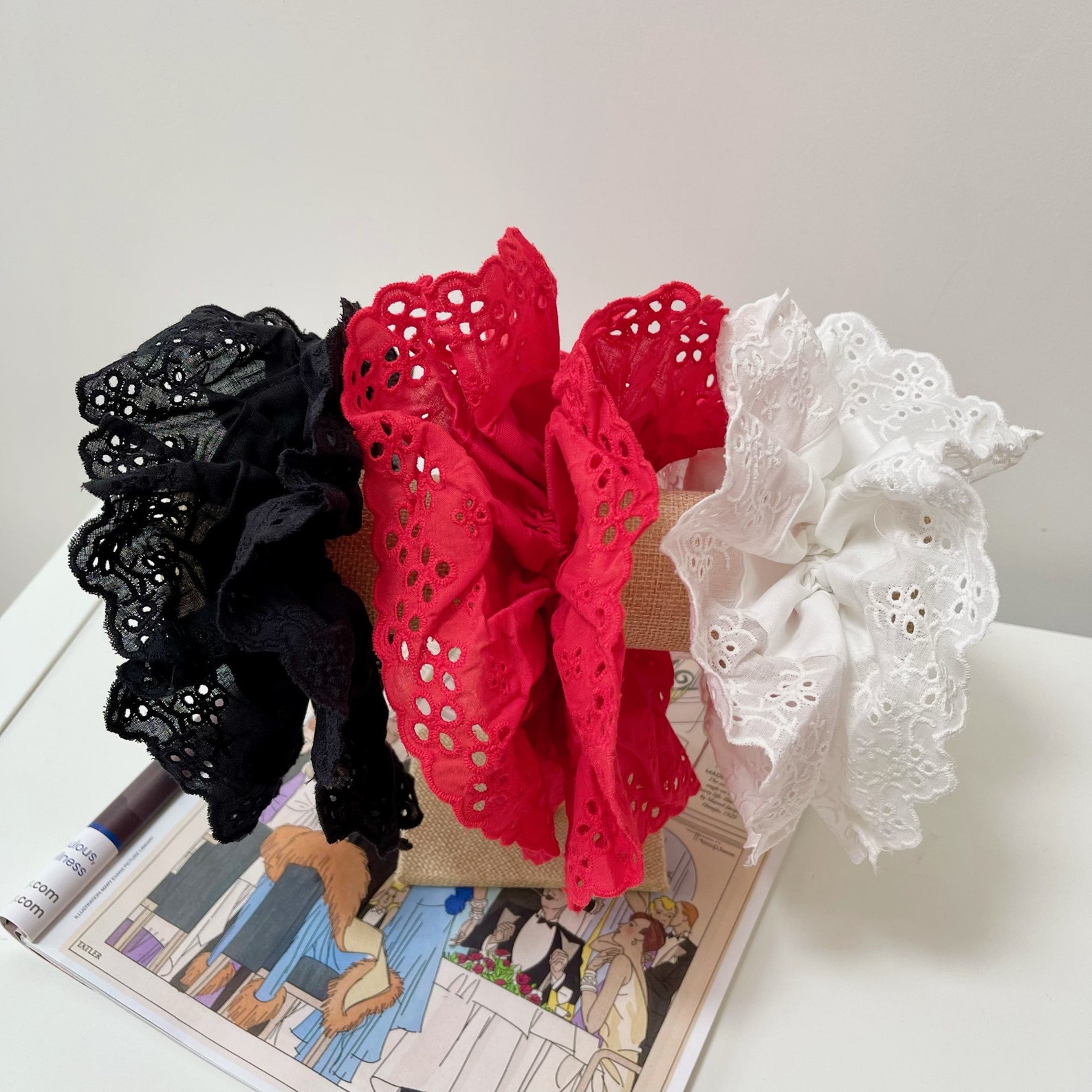Oversized Broderie Anglaise Scrunchie White Black Red French Lace Frill ...