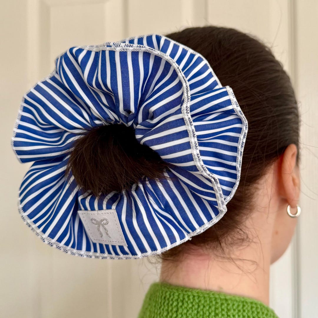 Navy & White Oversized Pinstriped Stripe Frilly Scrunchie Frill Pleated ...