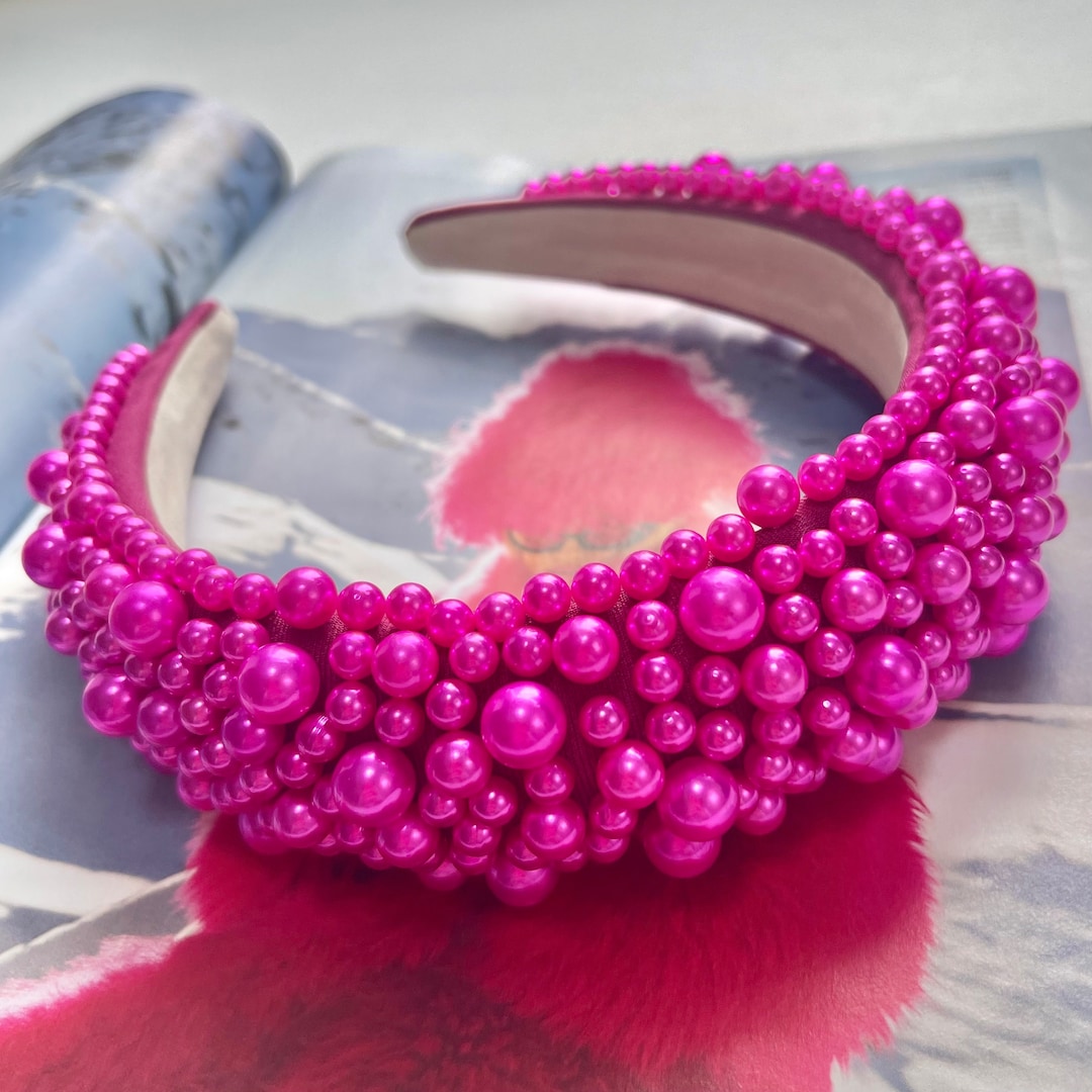 Pearl Headband Fuscia Pink Chunky Padded Assorted Pearls Hairband ...