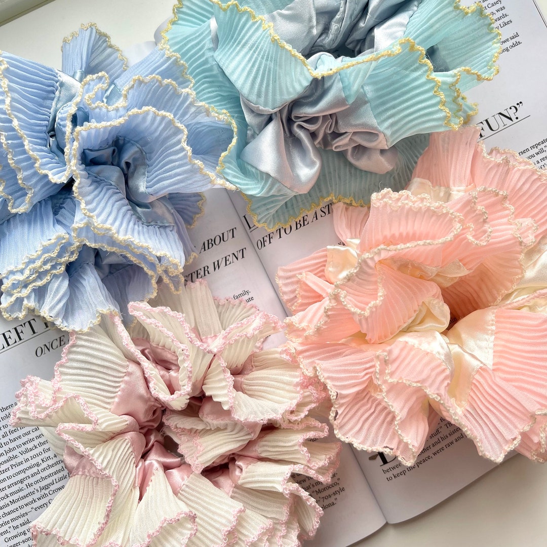Oversized Pastel Frilly Silk Satin Scrunchie French Lace Frill Pleated ...