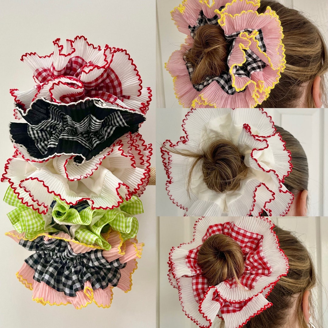 Oversized Frilly Gingham Scrunchie French Lace Frill Pleated Scrunchies ...