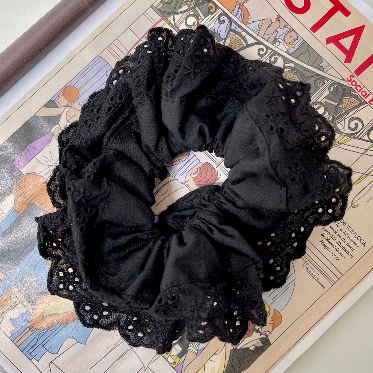 Oversized Broderie Anglaise Scrunchie White Black Red French Lace Frill ...