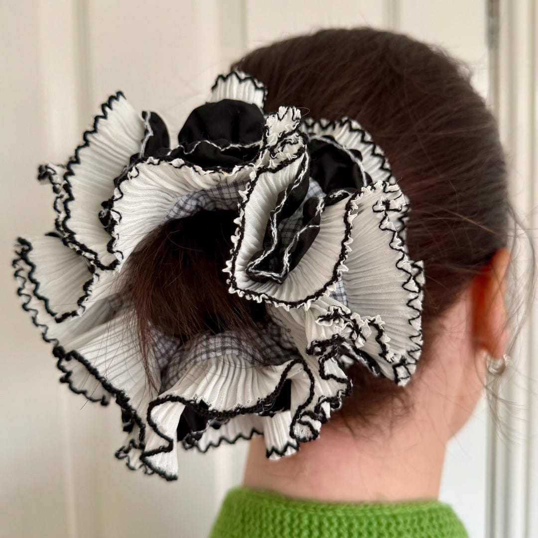 Black & White Oversized Gingham Frilly Scrunchie French Frill Pleated ...