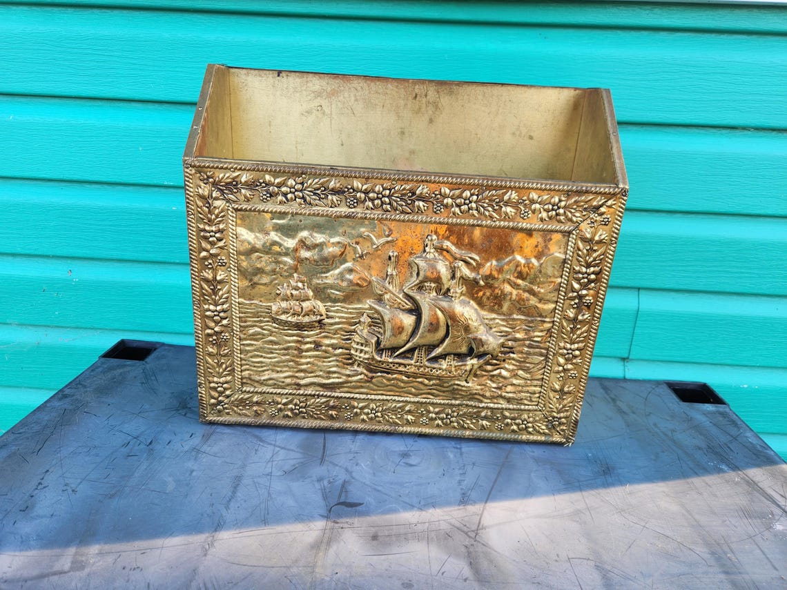 Vintage Brass Wood Rectangular Ship Design Magazine Holder - Etsy