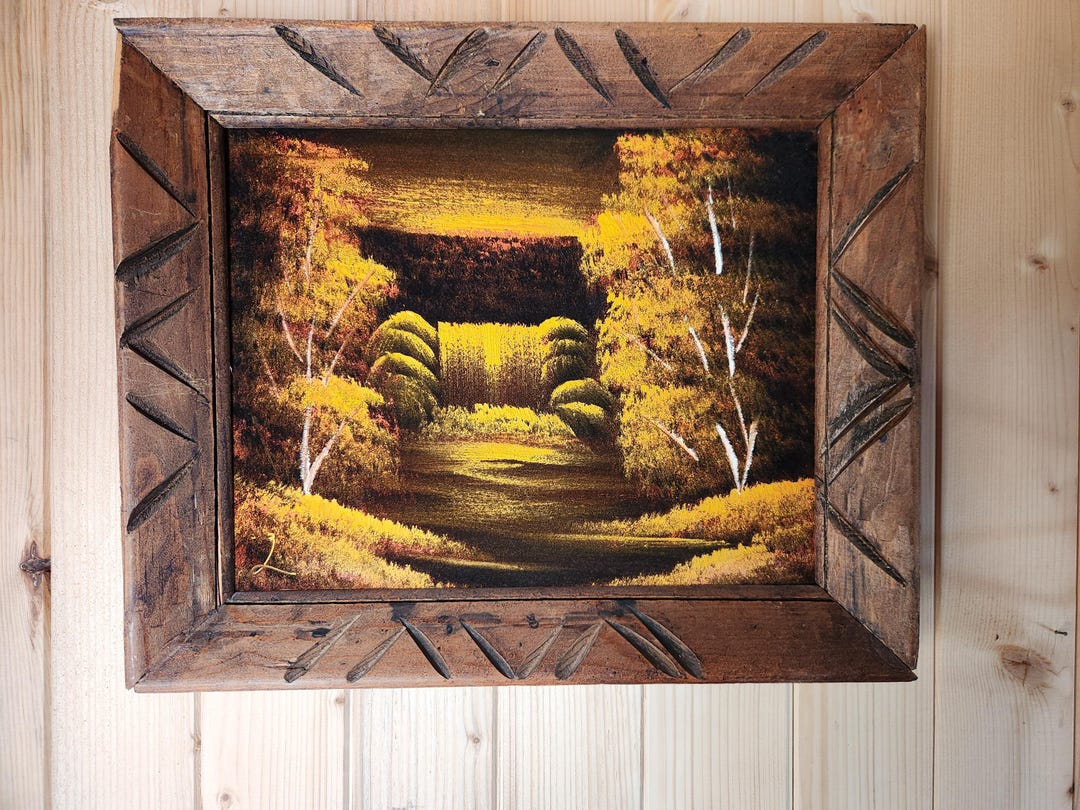 Vibrant 1970s Vintage Waterfall Forest Scene Velvet Painting Framed in ...