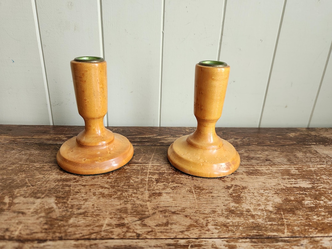 Lovely Vintage Hand Turned Birds Eye Maple Wood Candlestick Holders ...