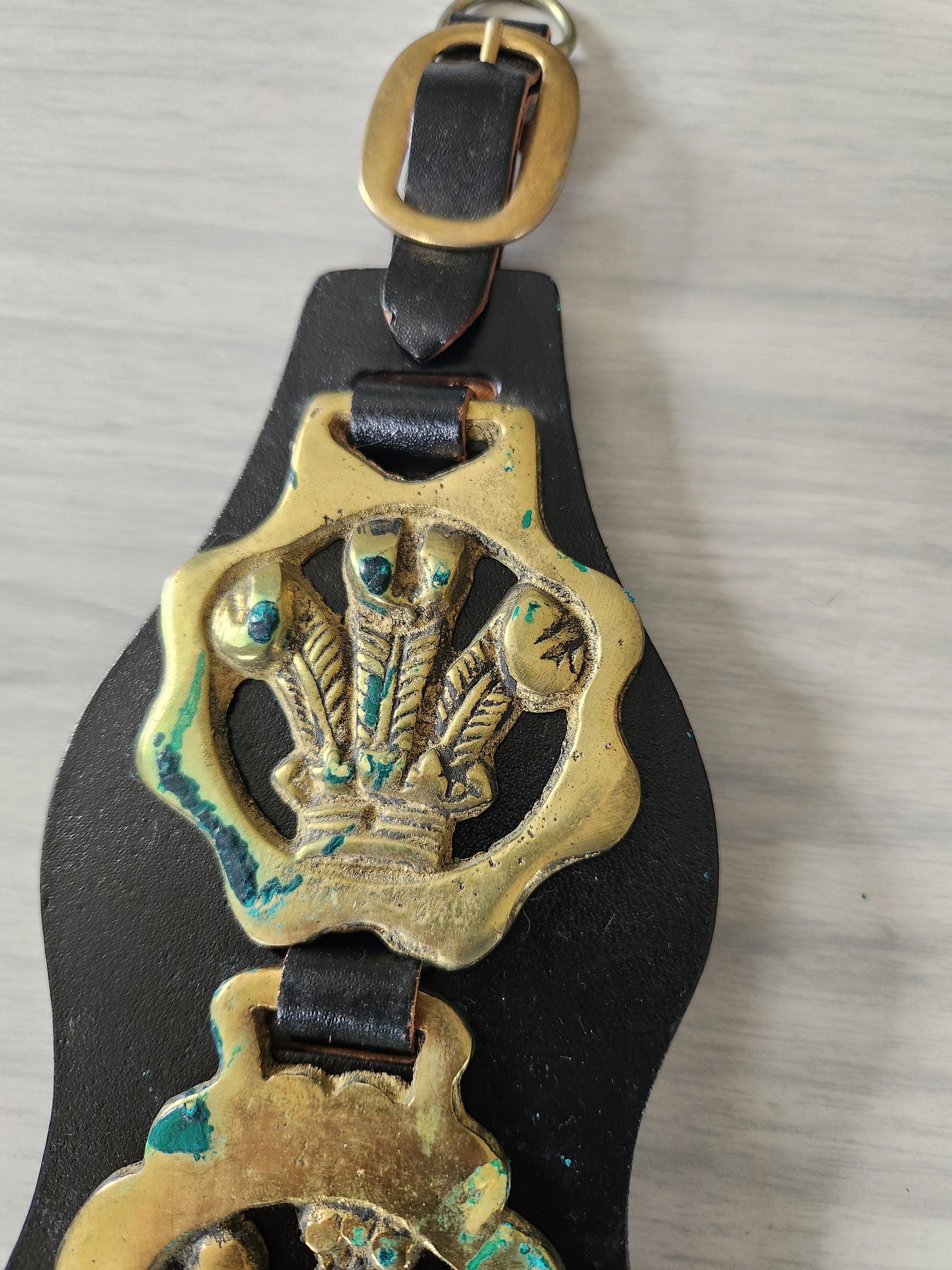 Vintage Horse Harness Leather With Two Brass Medallions - Harp and ...