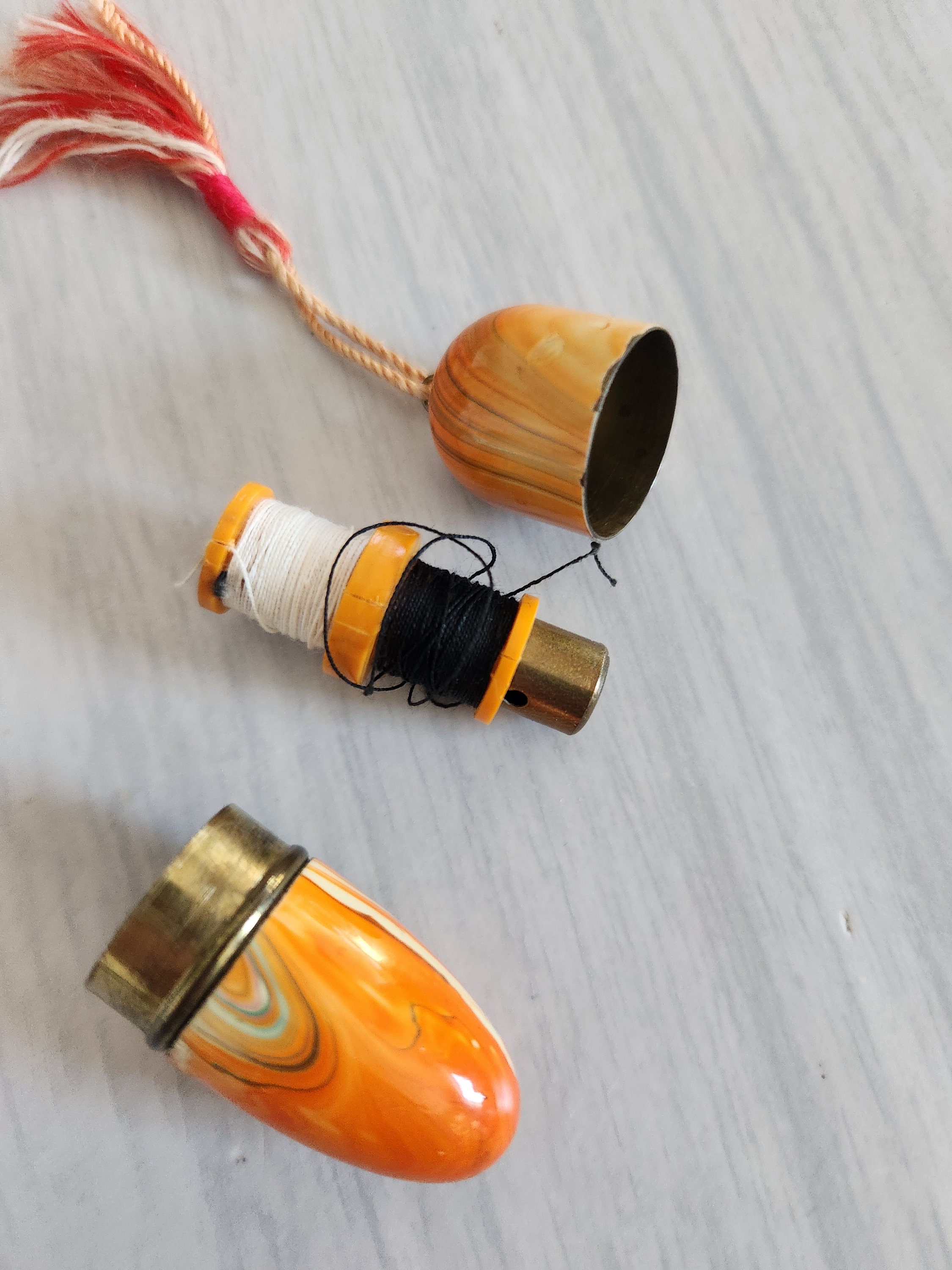 Amazing Vintage Enamel and Brass Thimble, Thread, Needle Bullet Case ...