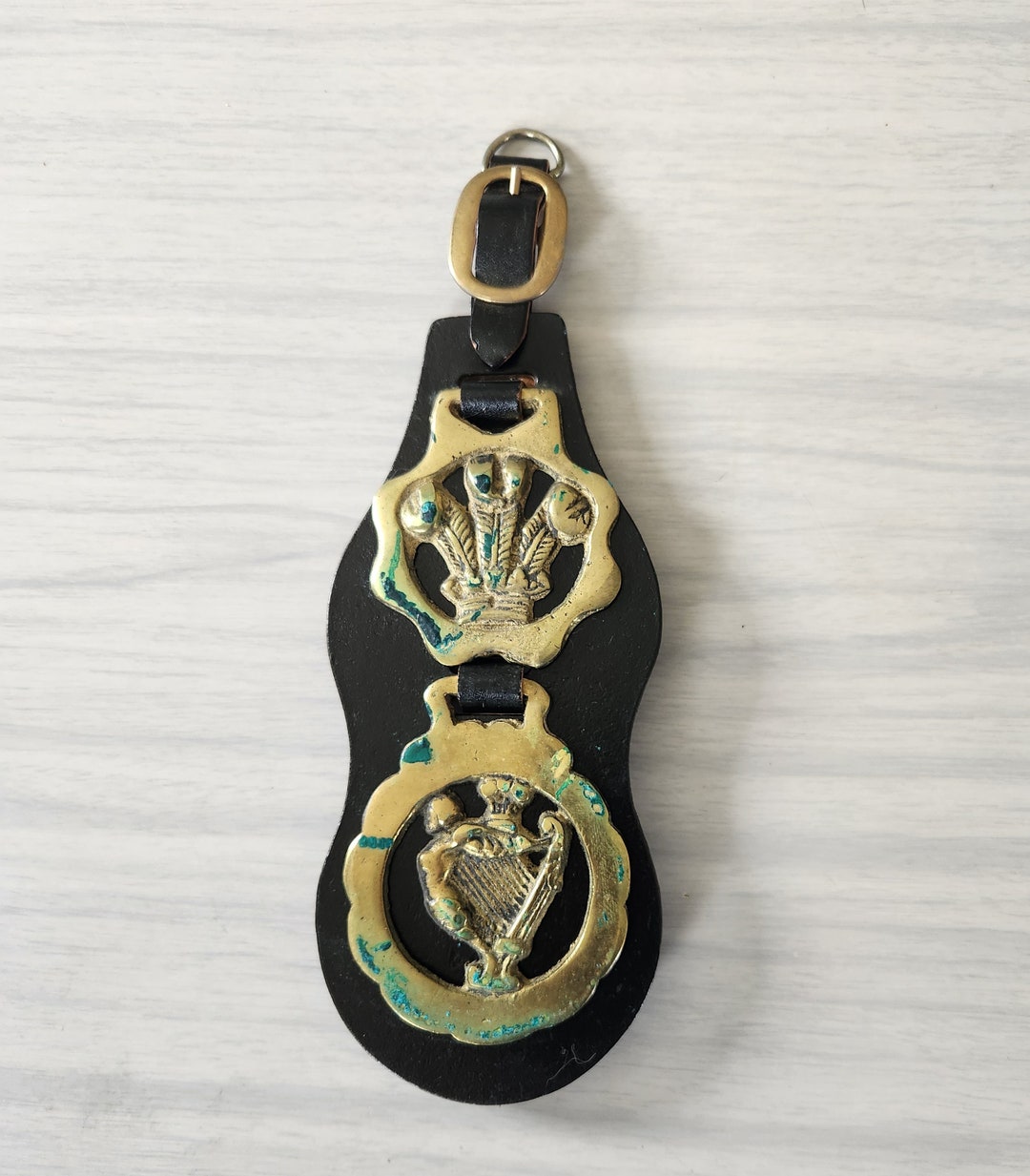 Vintage Horse Harness Leather With Two Brass Medallions - Harp and ...
