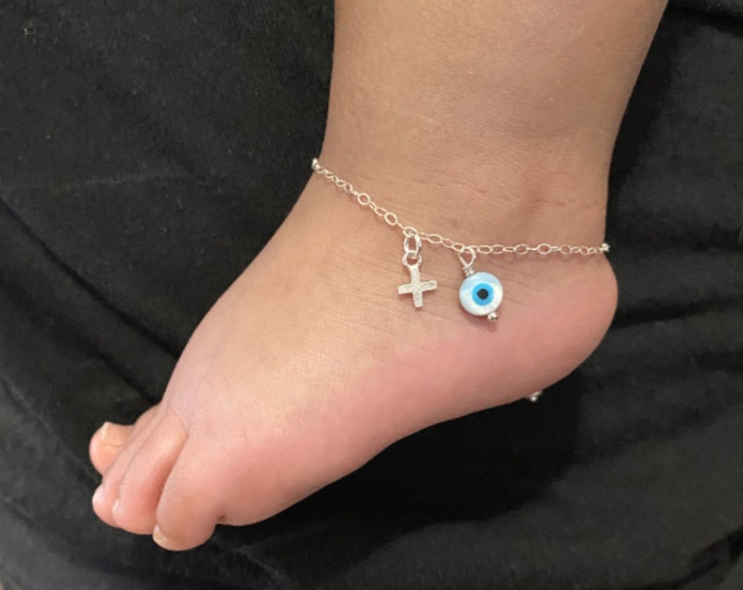 Baby Evil Eye Anklet Sterling Silver With Cross, Baby Infant Girl ...
