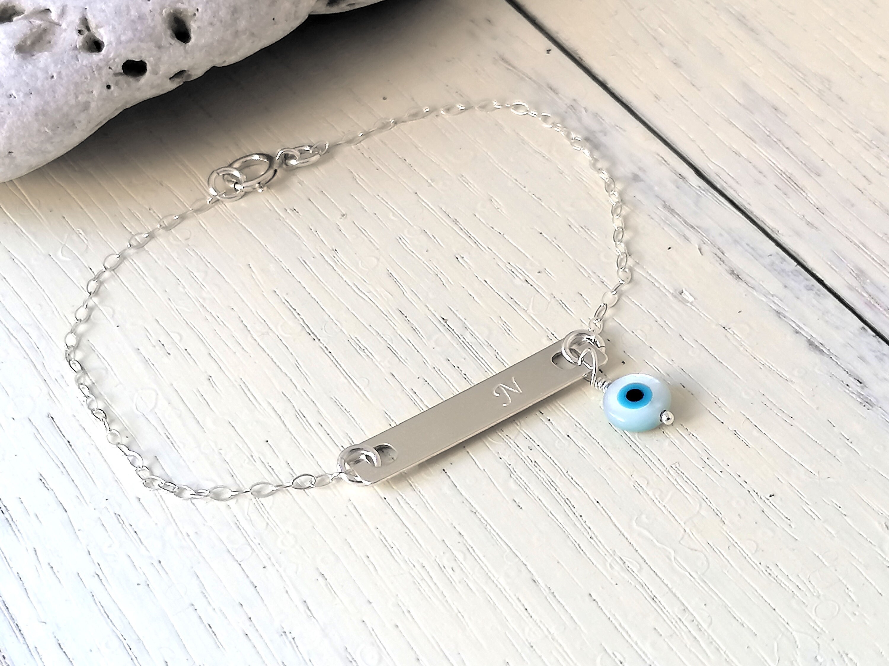 Baby Initial Bar Bracelet Sterling Silver With Evil Eye Baby - Etsy
