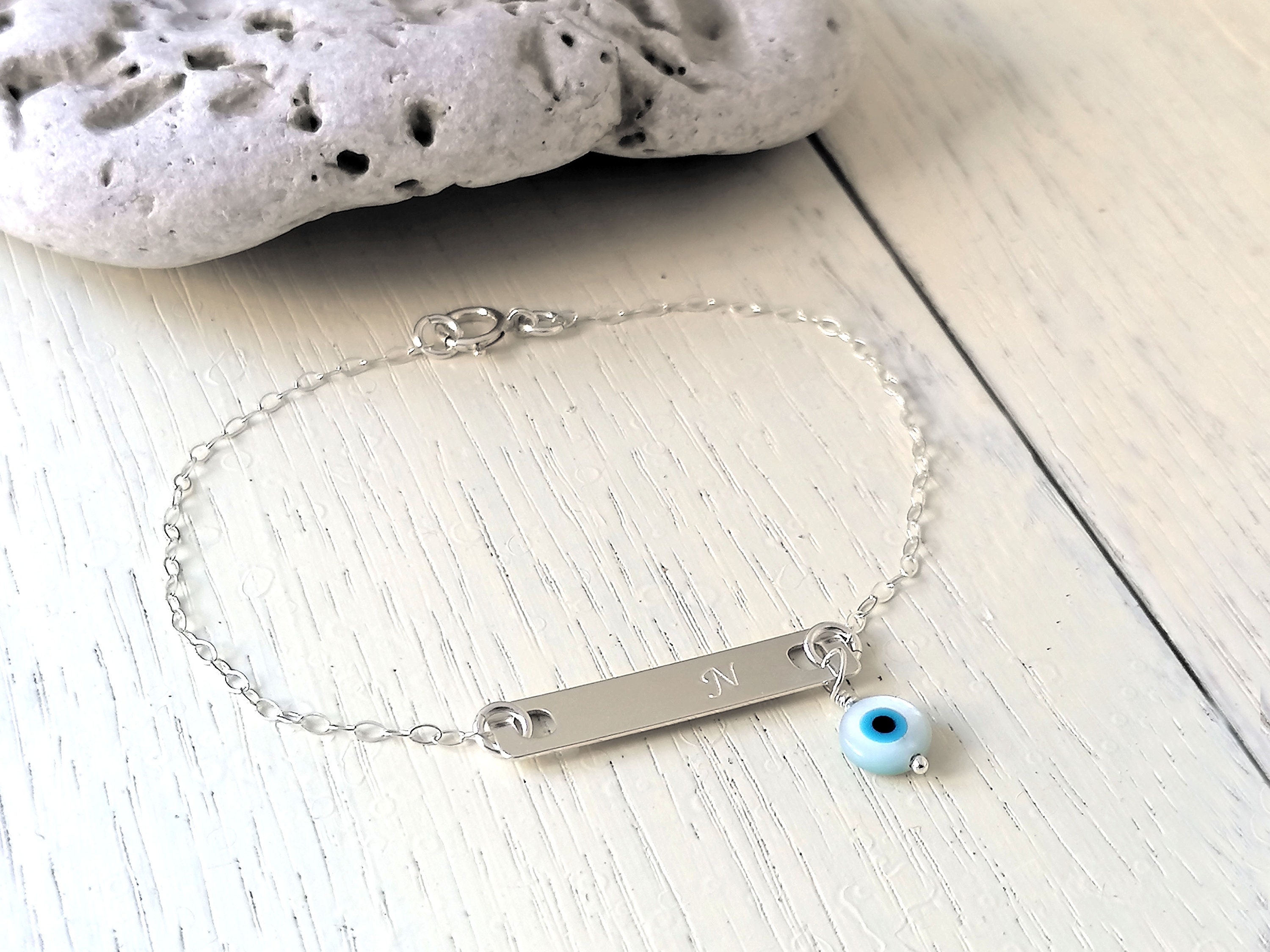 Baby Initial Bar Bracelet Sterling Silver With Evil Eye Baby - Etsy