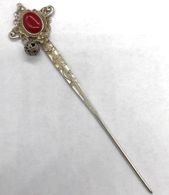 Handcarved Tibetan silver inlaid ruby hairpin/hairpin… - Gem