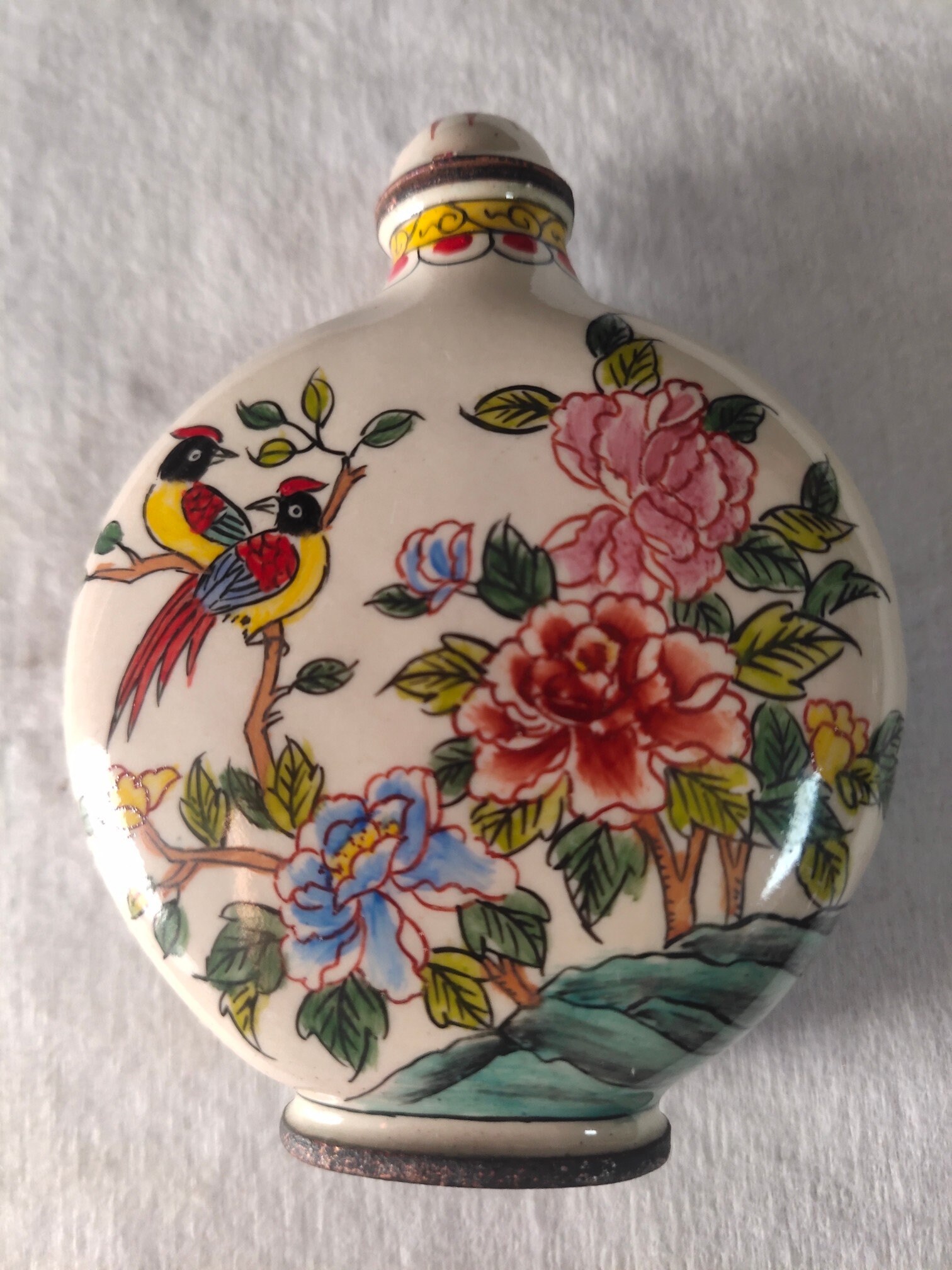 Chinese Antique Handmade Carved Copper Enamel Flower and Bird Pattern ...