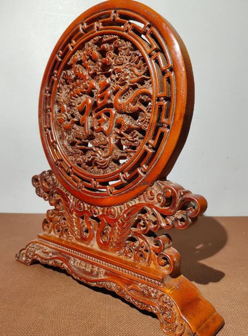 Chinese Antique Handmade Carved Boxwood Dragon and Phoenix Screen ...