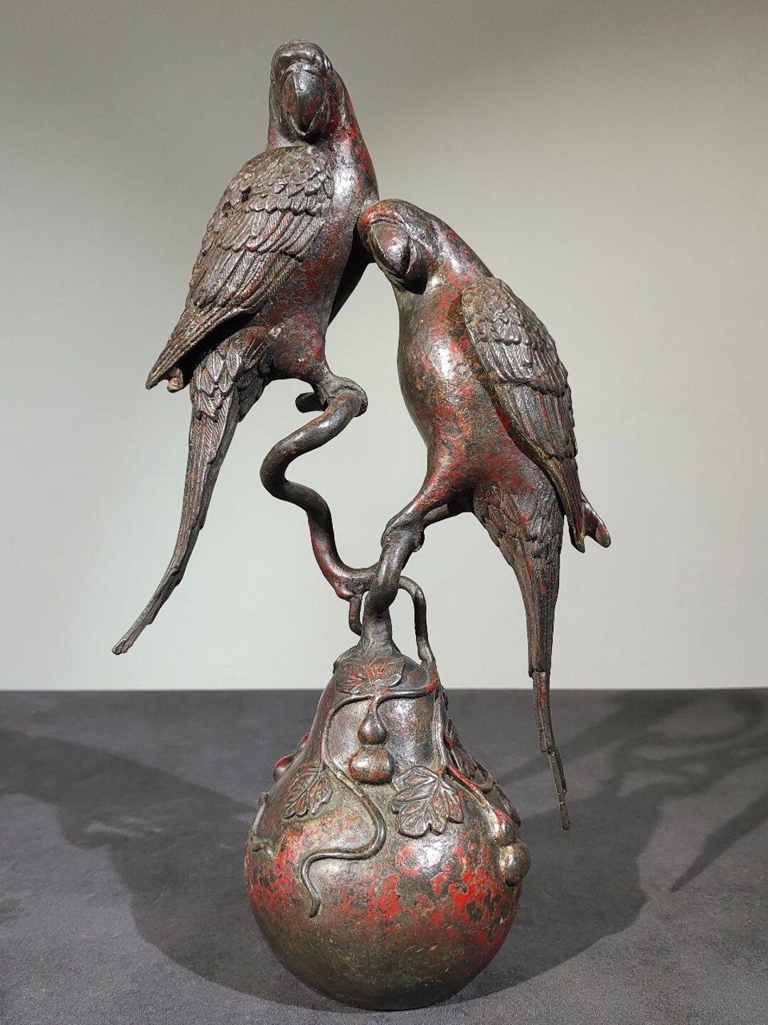 Chinese Antique Collection Handmade Carved Copper Parrot Statue Incense ...