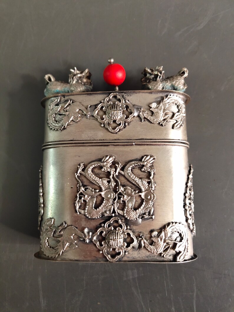 Handcarved Tibetan Silver Dragon Patterned Toothpick Box, Can Be Used ...
