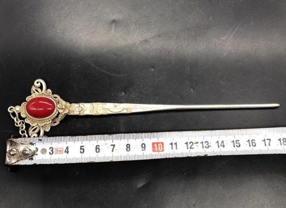Handcarved Tibetan silver inlaid ruby hairpin/hairpin… - Gem